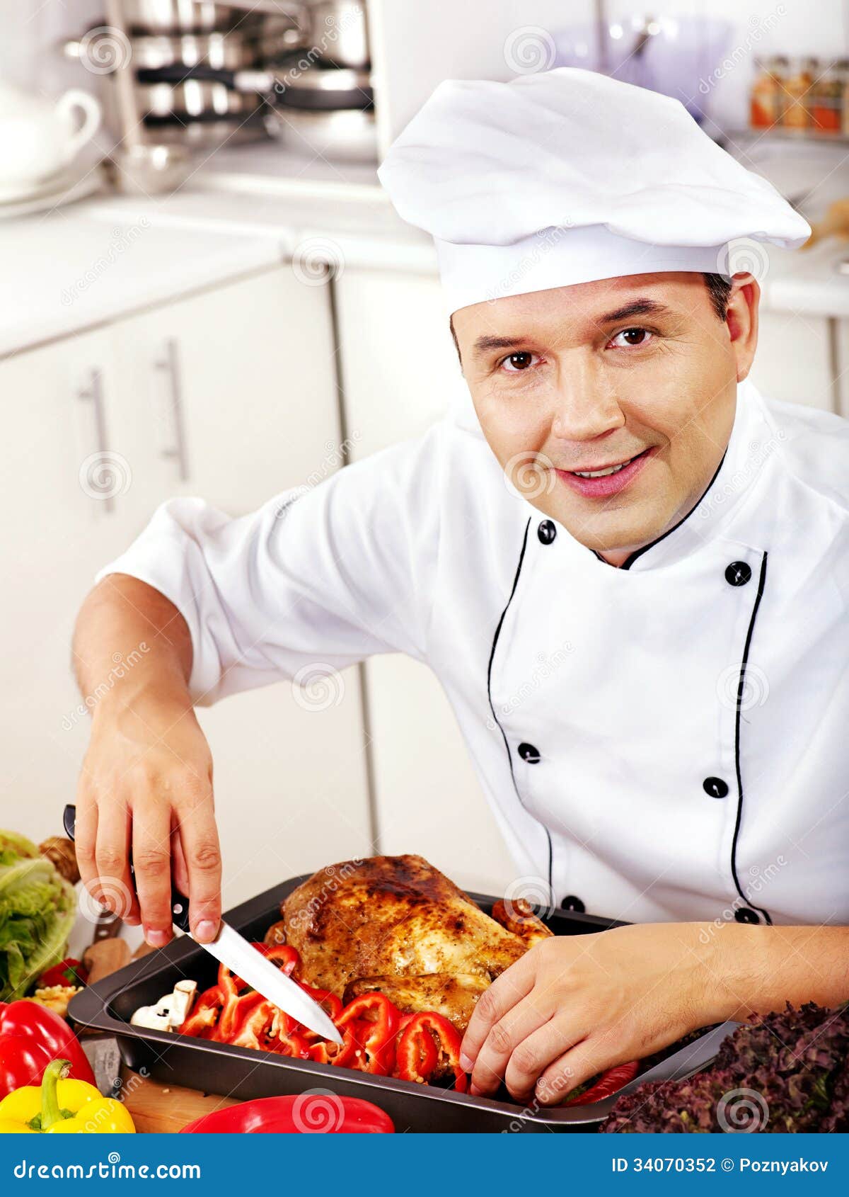 Man in Chef Hat Cooking Chicken Stock Photo - Image of cuisine, dinner ...