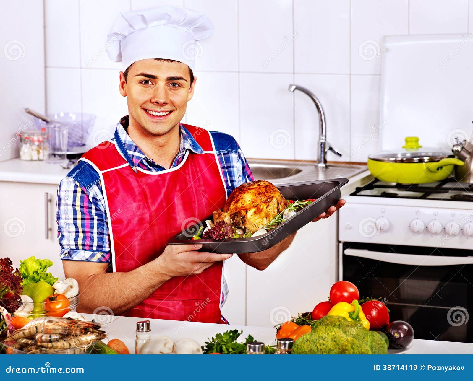 Man in Chef Hat Cooking Chicken Stock Image - Image of food, lunch ...