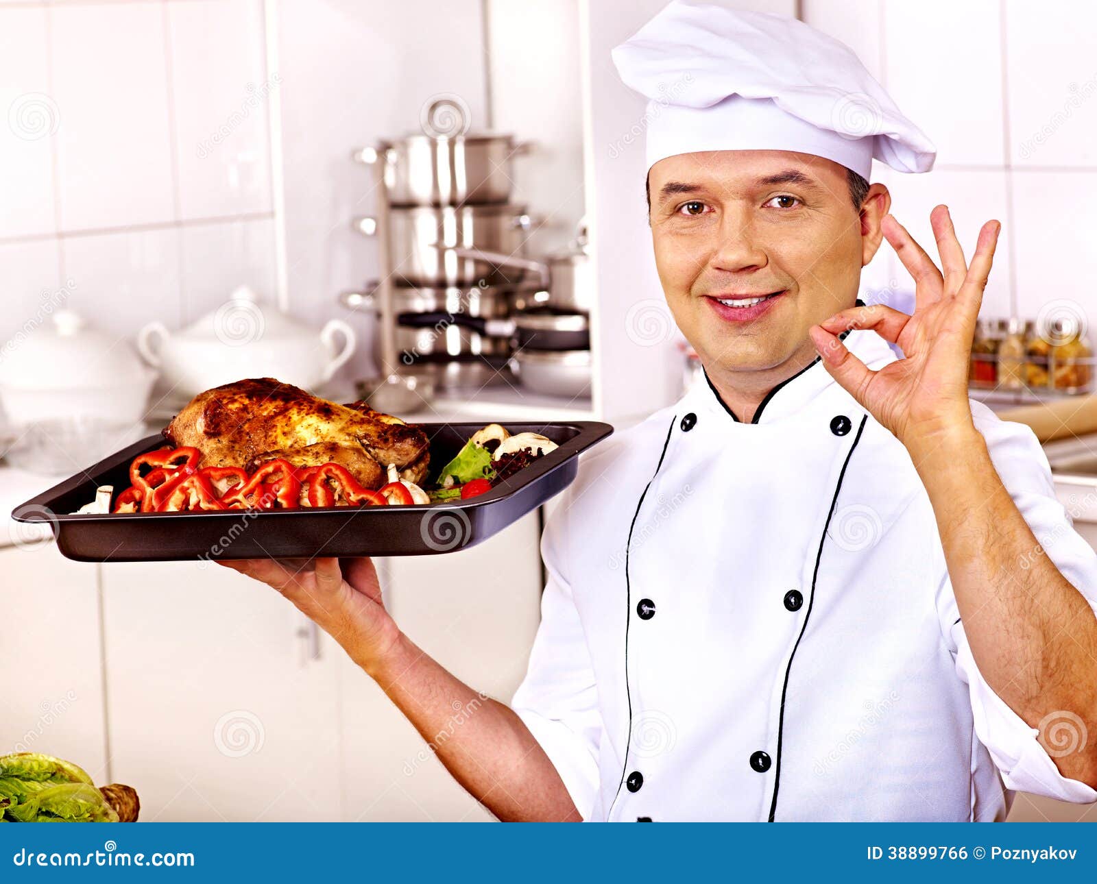 Man in Chef Hat Cooking Chicken Stock Photo - Image of handsome, mature ...
