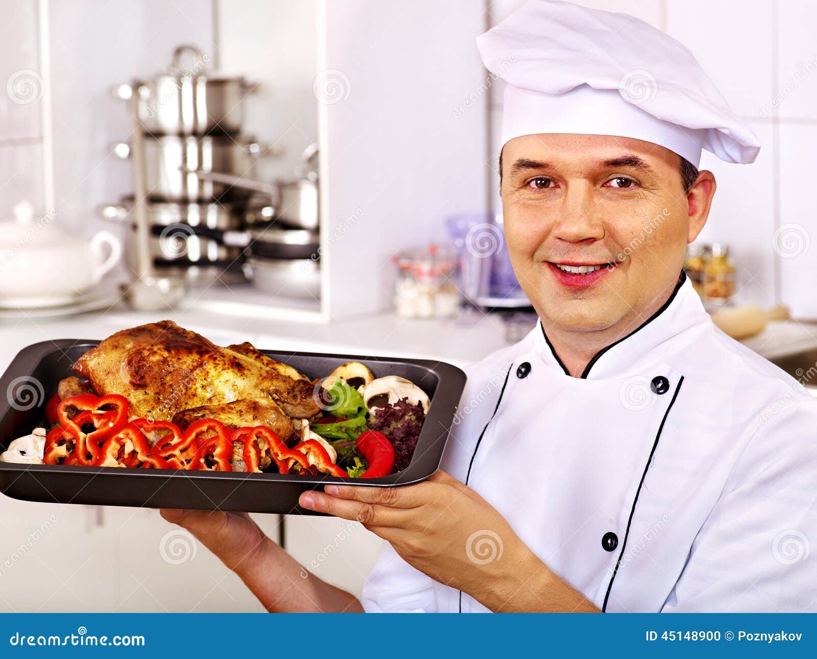 Man in Chef Hat Cooking Chicken Stock Photo - Image of caucasian ...