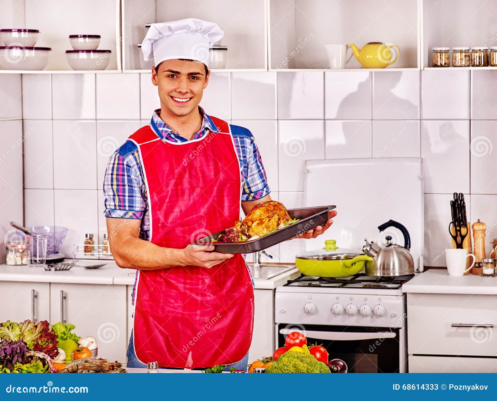 Man in Chef Hat Cooking Chicken Stock Image - Image of business, people ...