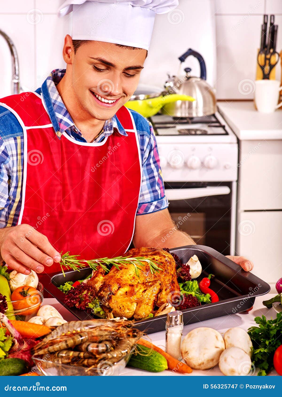 Man in Chef Hat Cooking Chicken Stock Image - Image of adult, chef ...