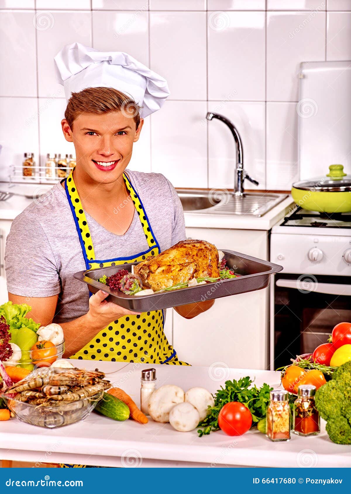 Man in Chef Hat Cooking Chicken Stock Photo - Image of cooking, costume ...