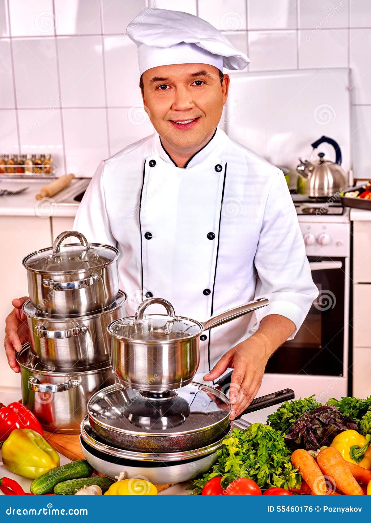 Man in Chef Hat Cooking Chicken Stock Photo - Image of kitchen, smile ...