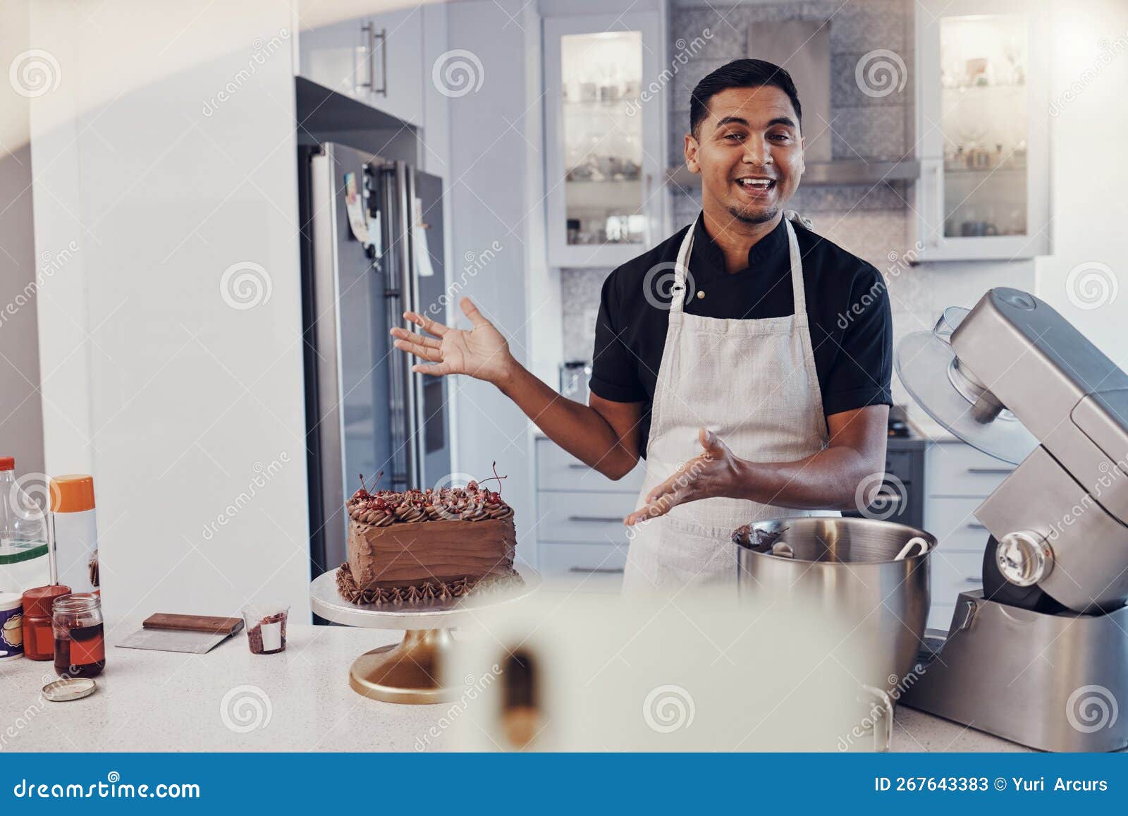 Man, Chef and Talking in Kitchen on Vlog, Live Streaming and Recording ...