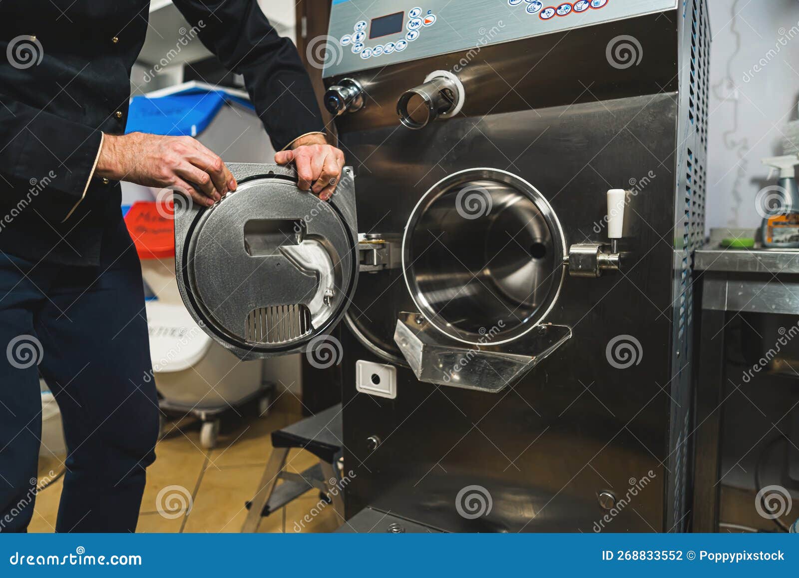 Man Chef Working with the Ice Cream Maker Machine in the Small ...
