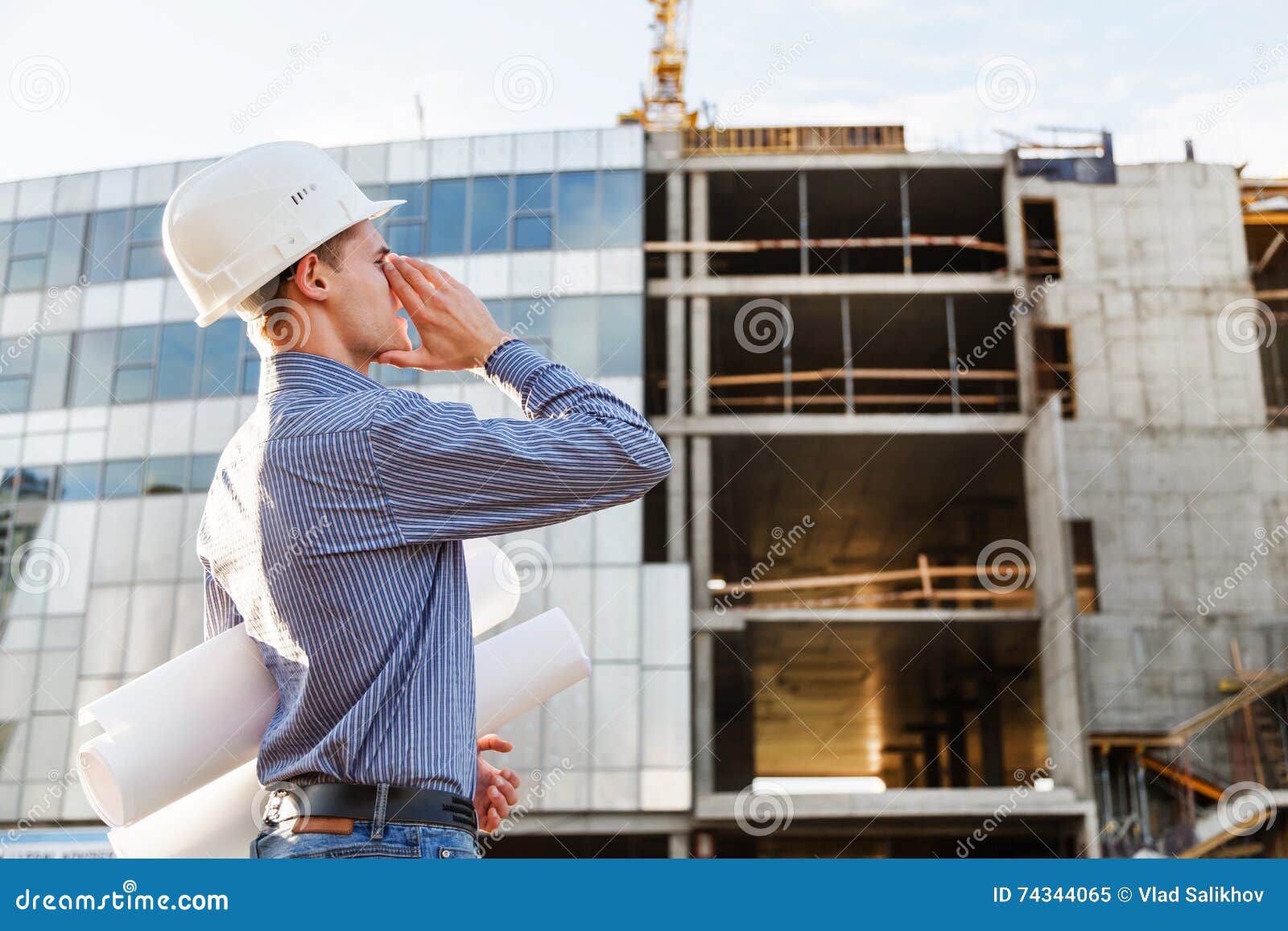 Man the Chief Engineer at Construction Site Screams of Danger. Stock ...