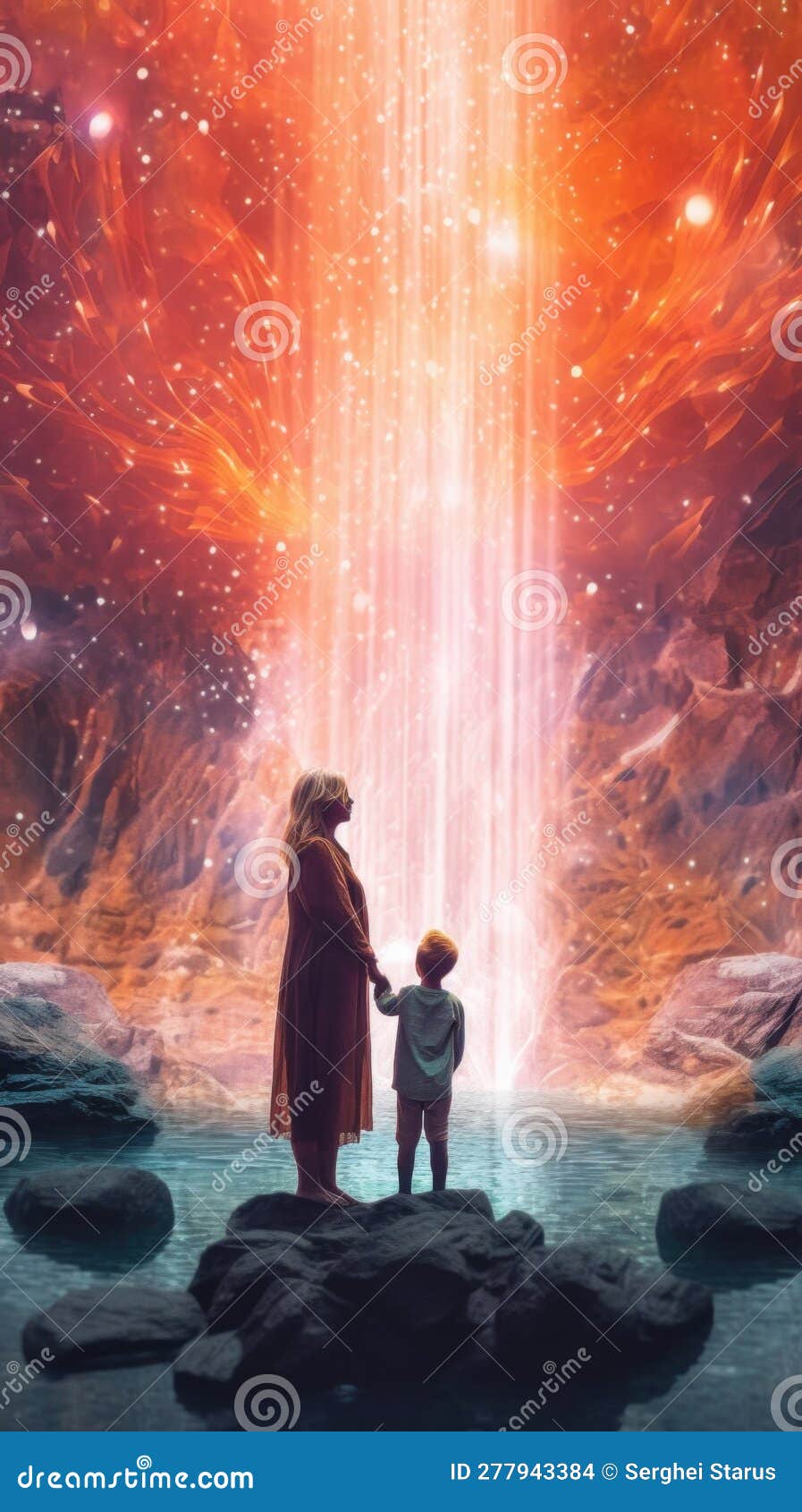 A Man and a Child Standing in Front of a Waterfall. Generative AI Image ...