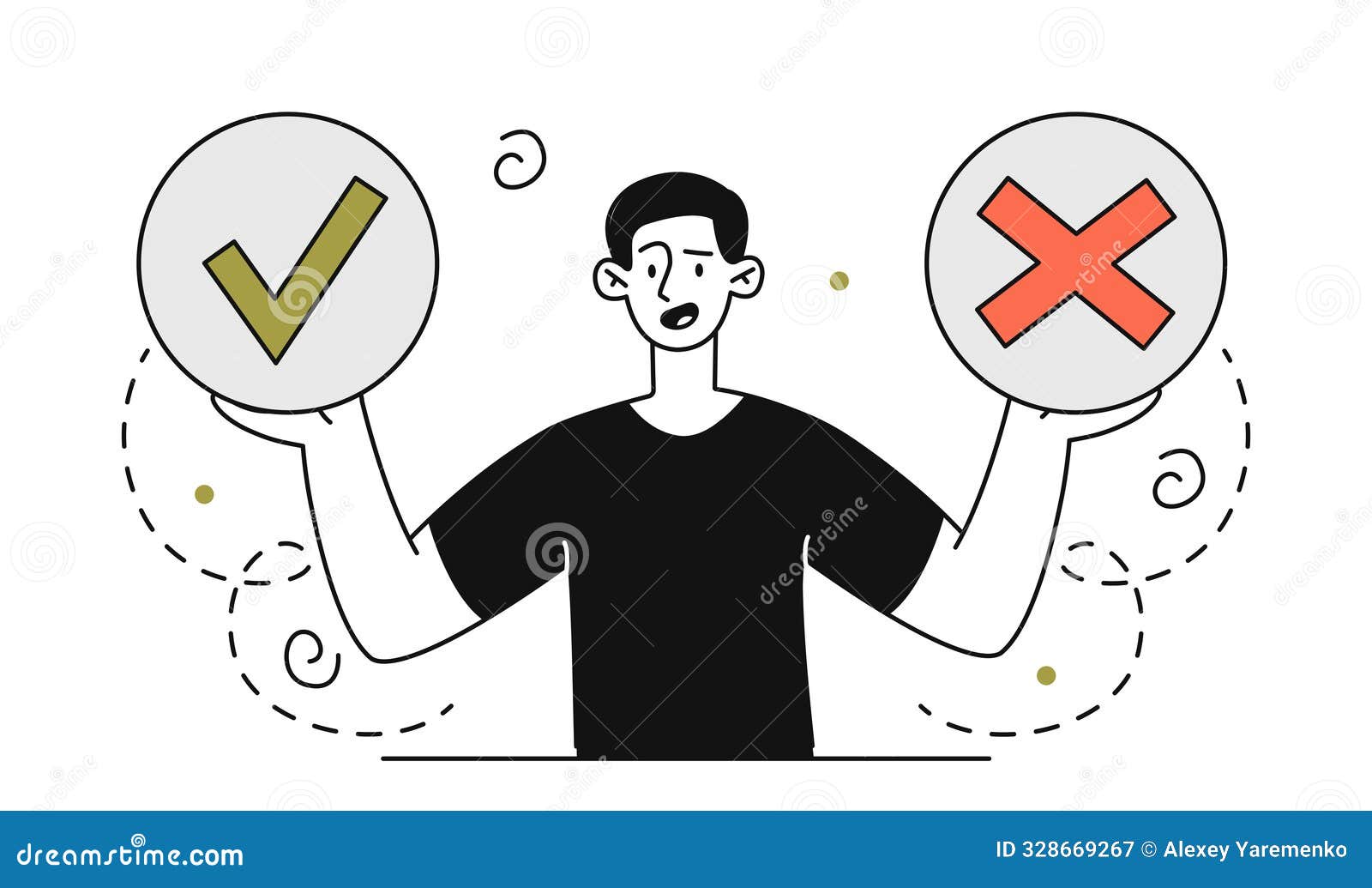 Man with Choice. Young Guy with Green Check Mark and Red Cross. Person ...