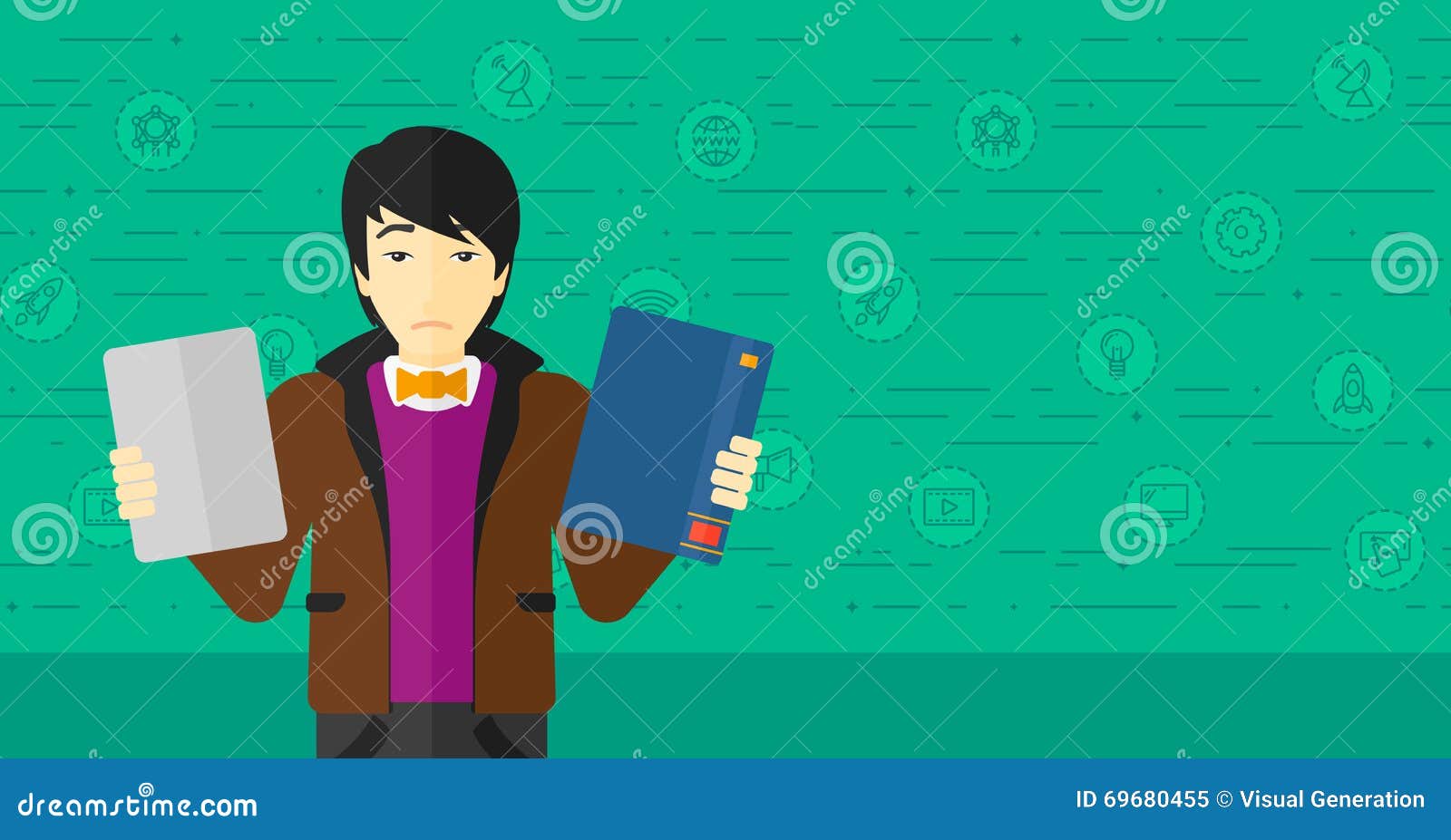 Man Choosing between Book and Tablet Computer. Stock Vector ...