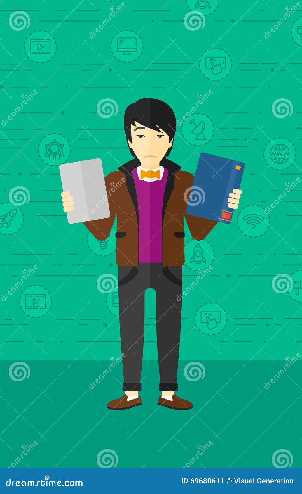 Man Choosing between Book and Tablet Computer. Stock Vector ...