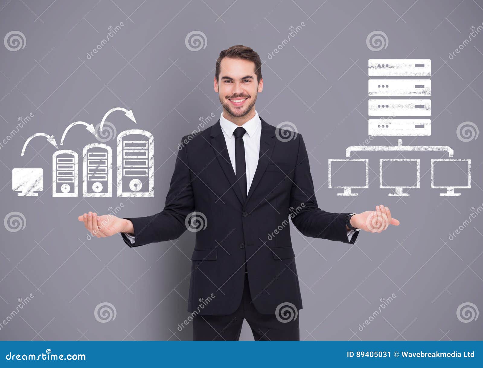 Man Choosing or Deciding with Open Palms Hands Computers Servers Icons ...