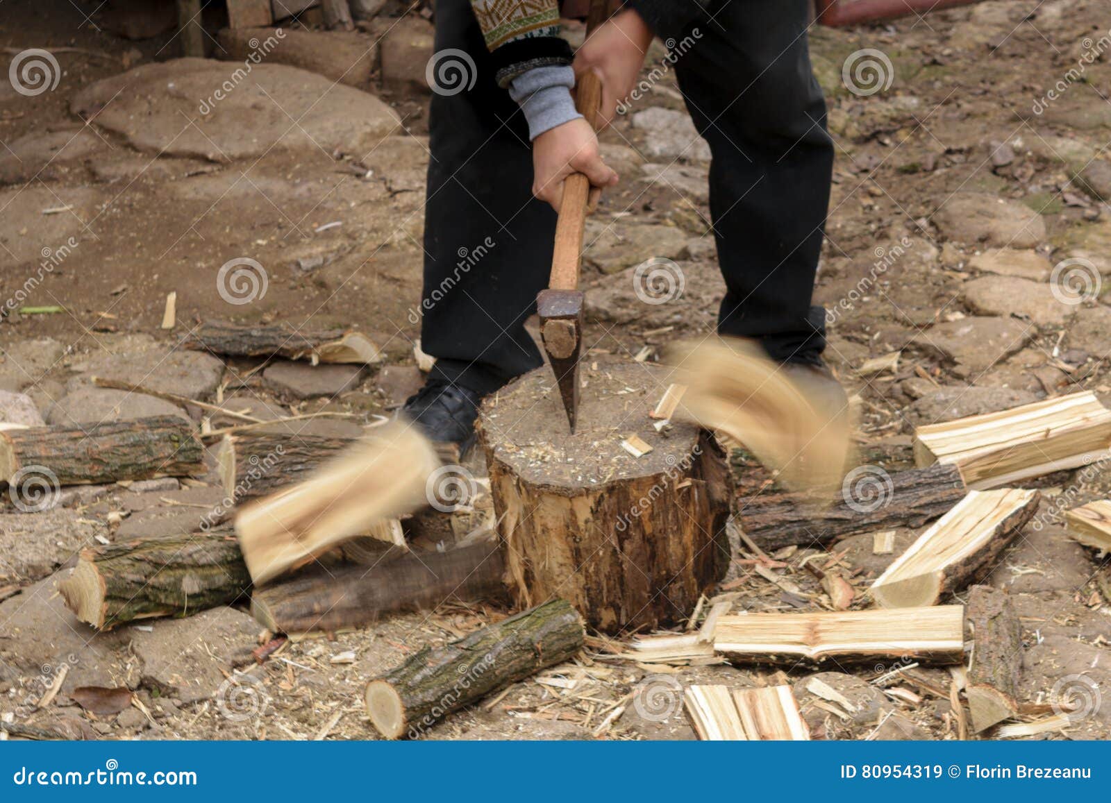 Man Chopping Fire Wood Logs with Motion Blur Stock Image - Image of ...