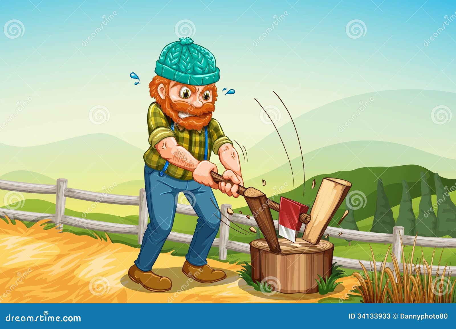 A Man Chopping the Log Above the Stump Stock Vector - Illustration of ...