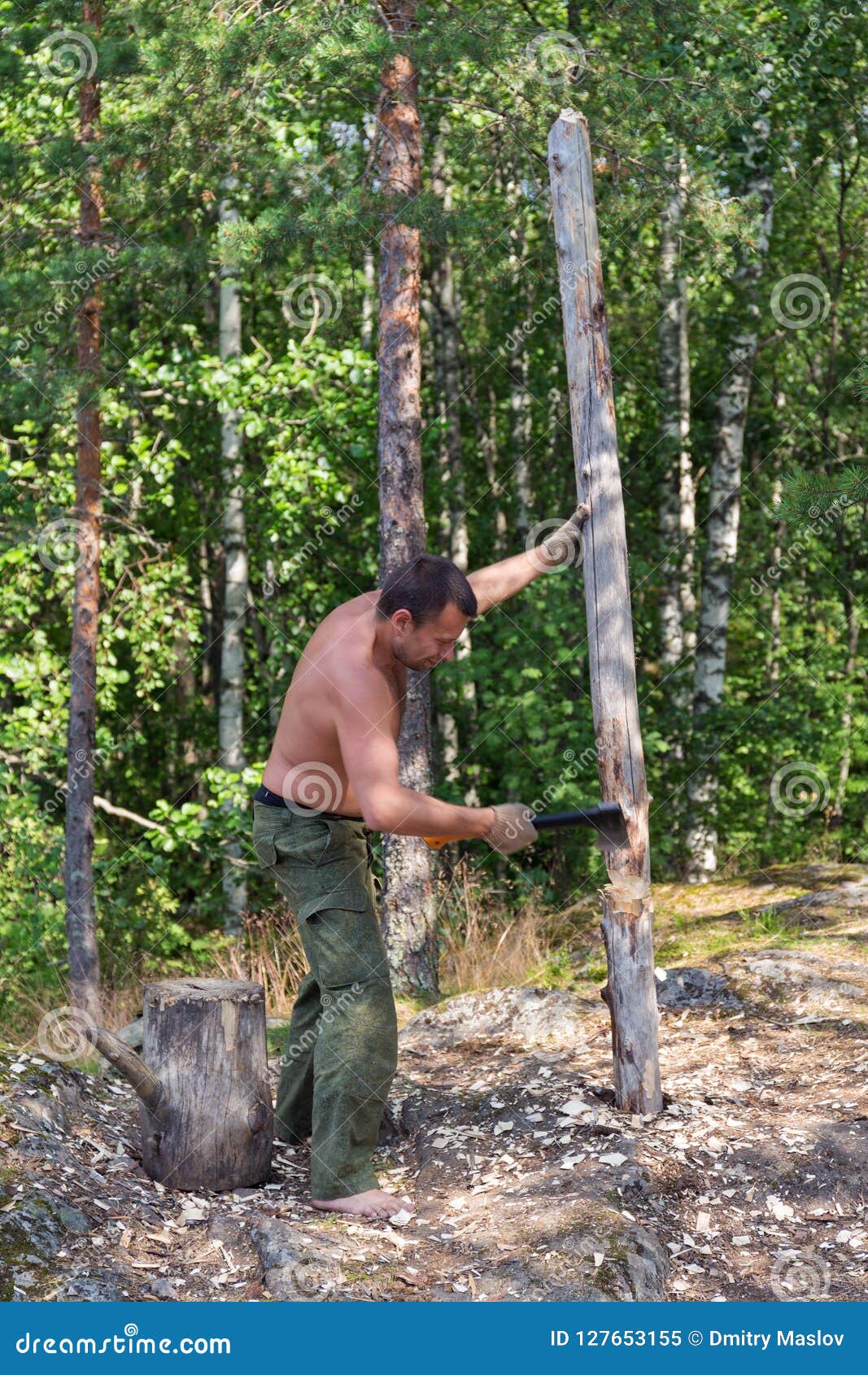 Man chopping a log stock image. Image of worker, power - 127653155