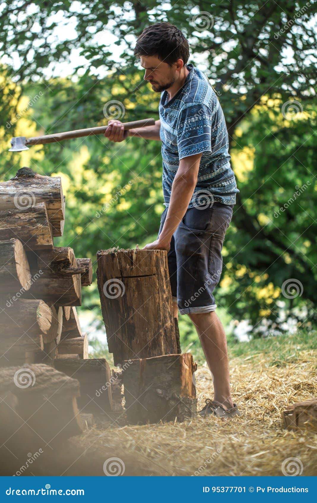 Man Chopping Wood with an Axe Stock Image - Image of green, person ...