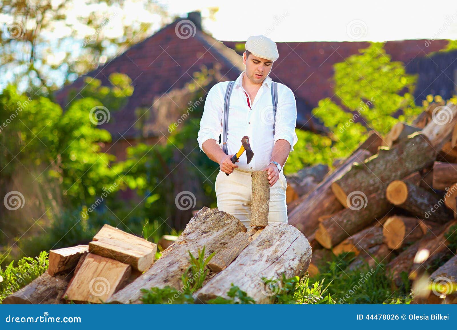 Man Chopping Wood on the Backyard Stock Photo - Image of hewers ...