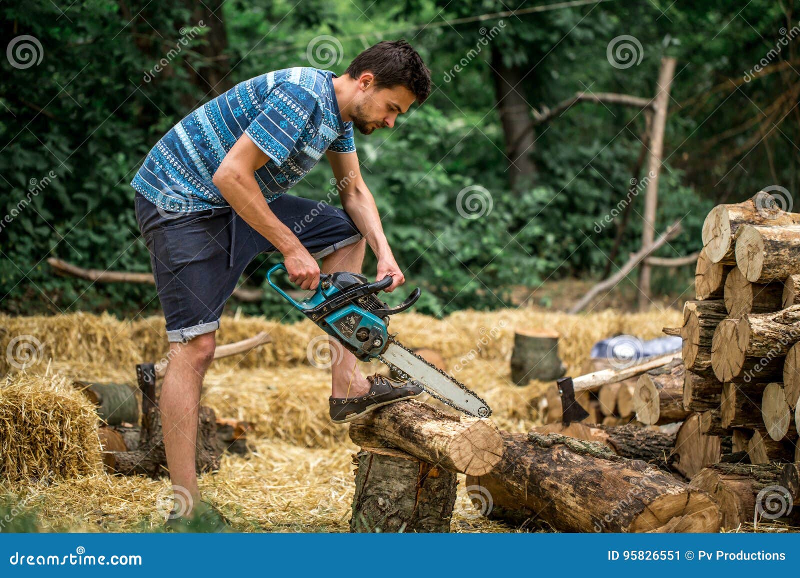 Man Chopping Wood with a Chainsaw Stock Image - Image of crush ...