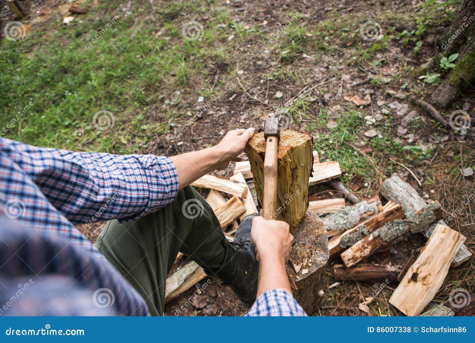Man Chopping Wood in the Forest. Stock Photo - Image of firewood ...