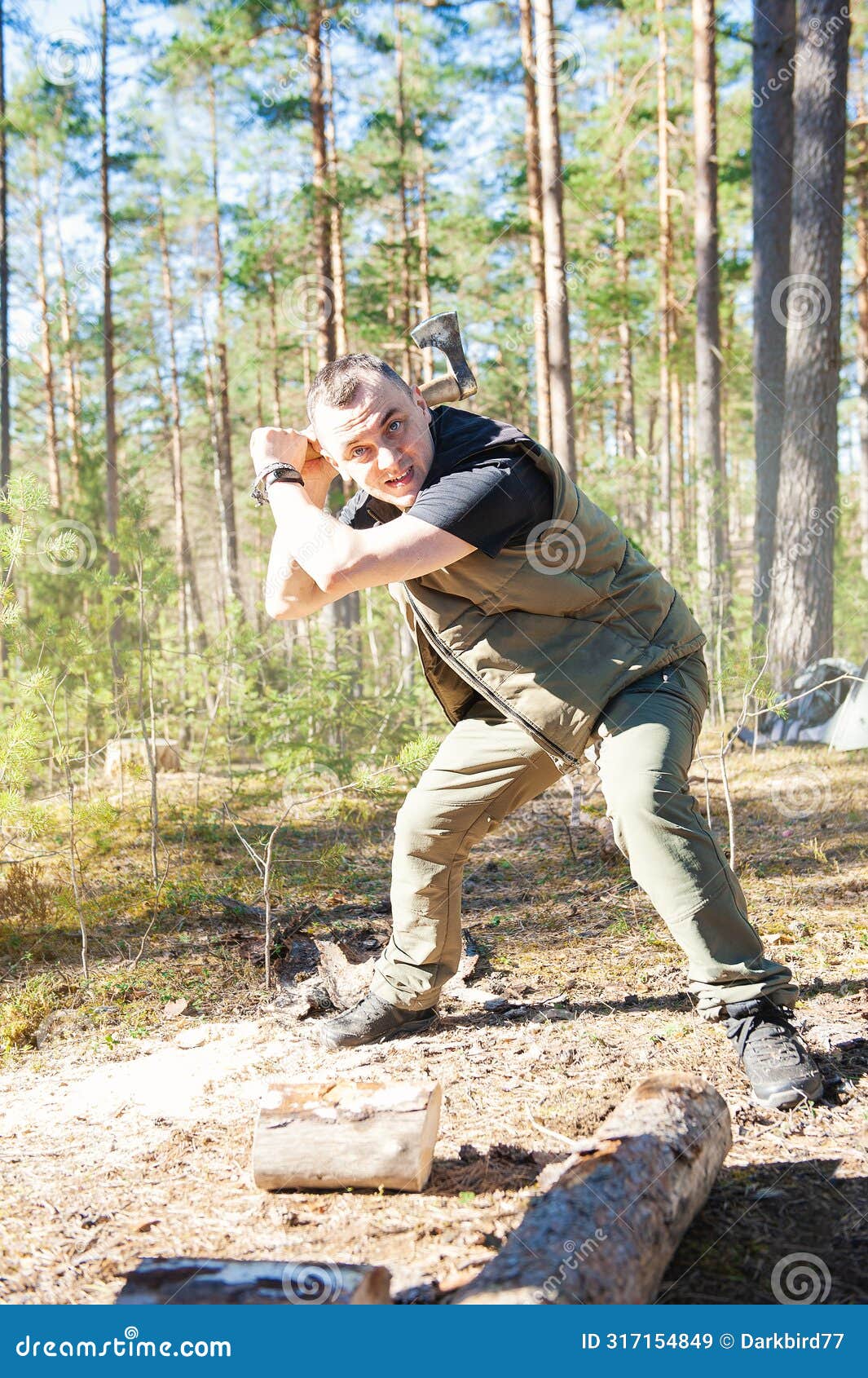 Man Chops Tree in Forest with Sharp Ax Stock Image - Image of cutting ...