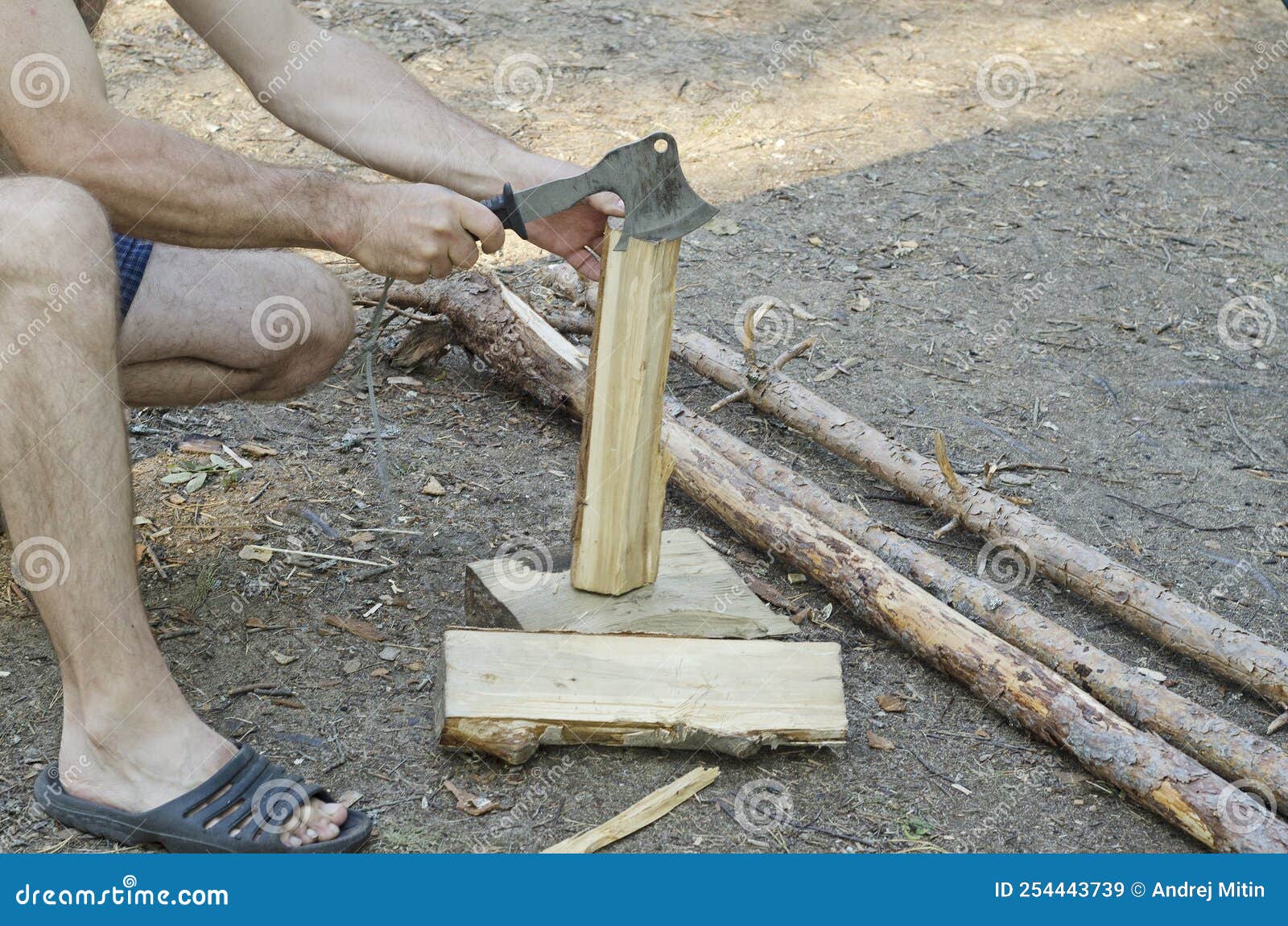 A Man Chops Wood with an Axe for Heating. Stock Image - Image of ...