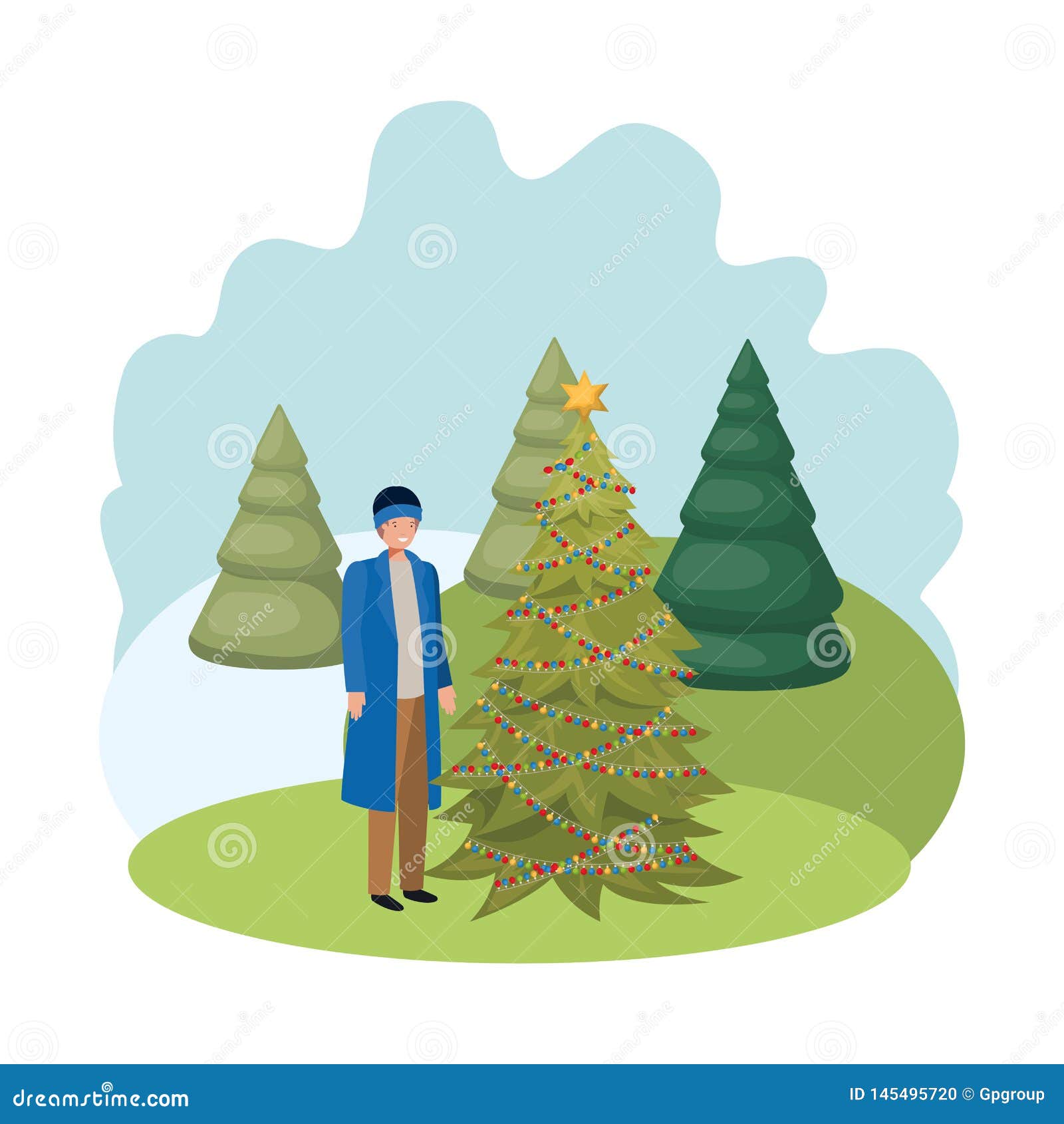 Man with Christmas Tree in Landscape Stock Vector - Illustration of ...