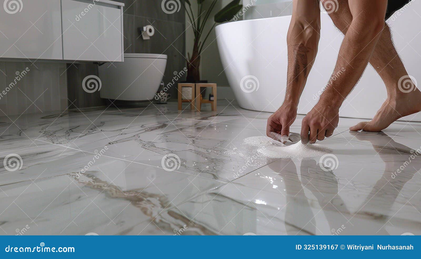 Man Cleaning Bathroom Floor with Soap Stock Illustration - Illustration ...