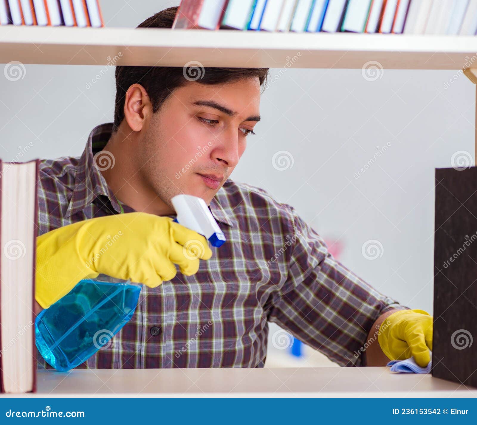 Man Cleaning Dust from Bookshelf Stock Photo - Image of household ...