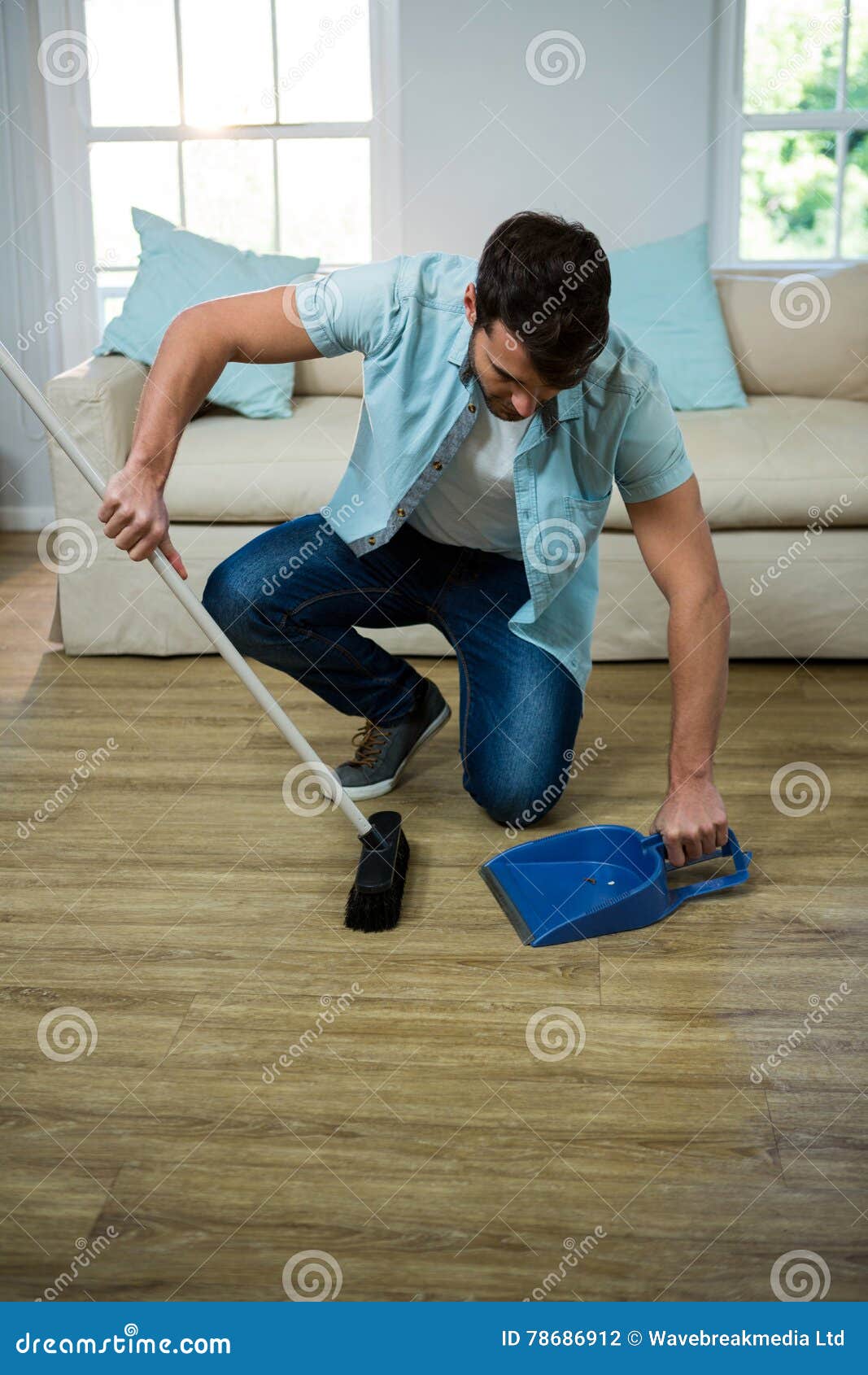 Man Cleaning the Floor with Broom and Dust Picker Stock Photo - Image ...