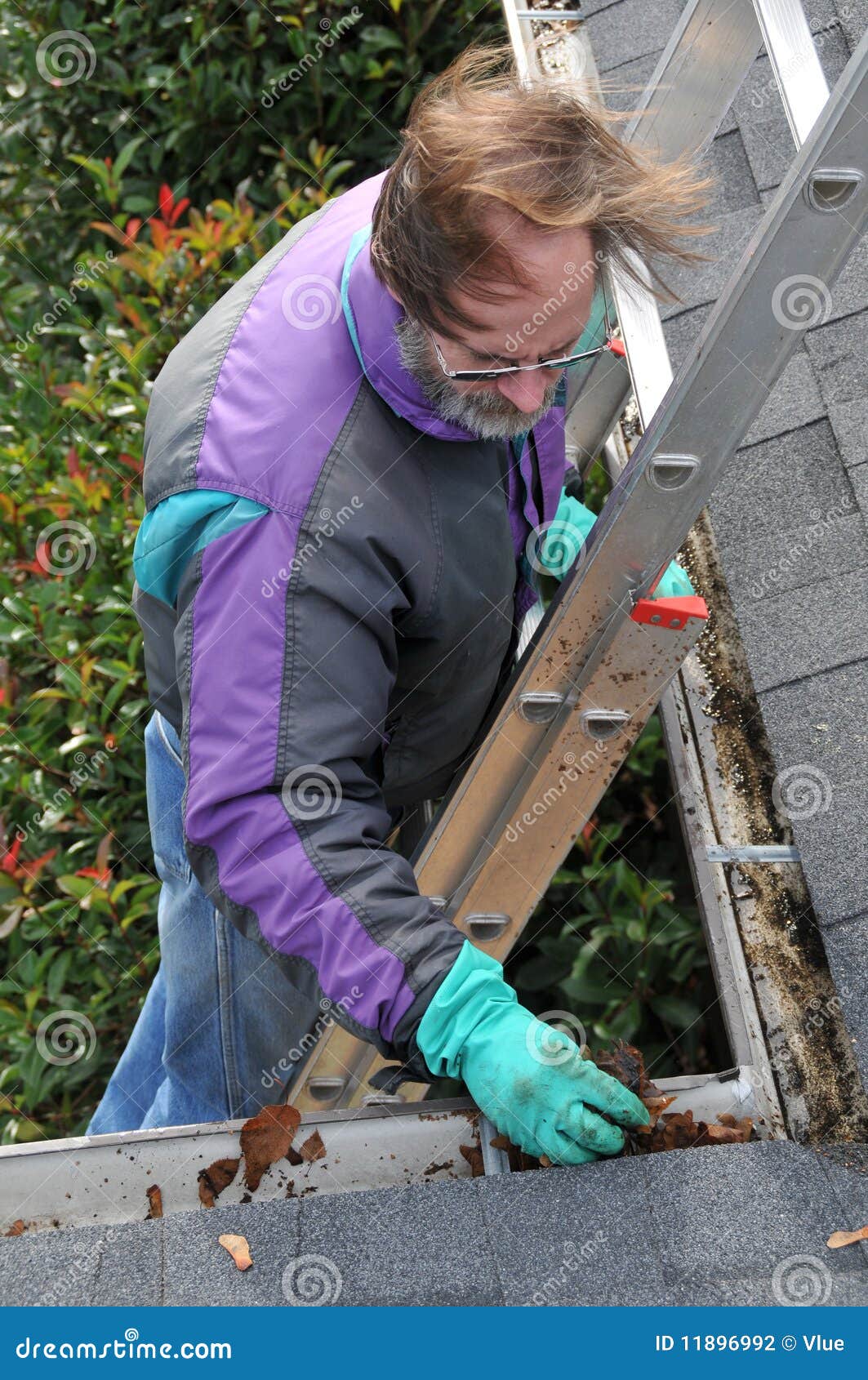 Man cleaning gutters stock photo. Image of home, fall - 11896992