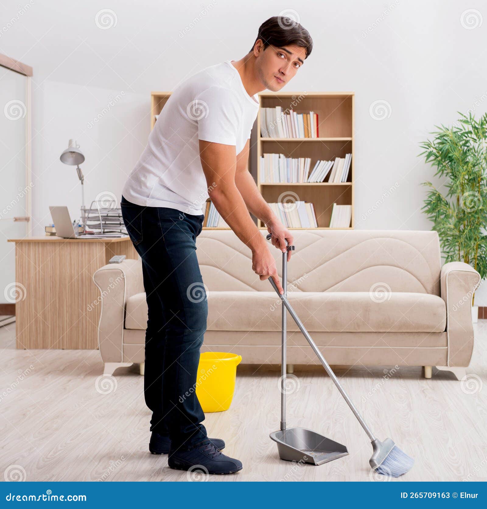 Man Cleaning Home with Broom Stock Image - Image of maid, broom: 265709163