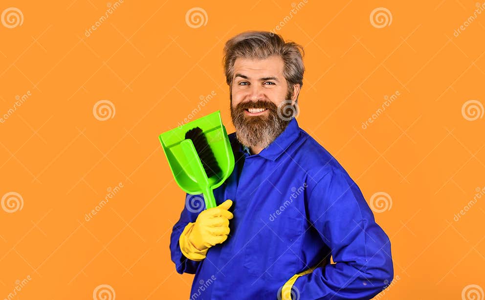 Man Cleaning Home With Broom Janitor Man Sweeping Spring Cleaning