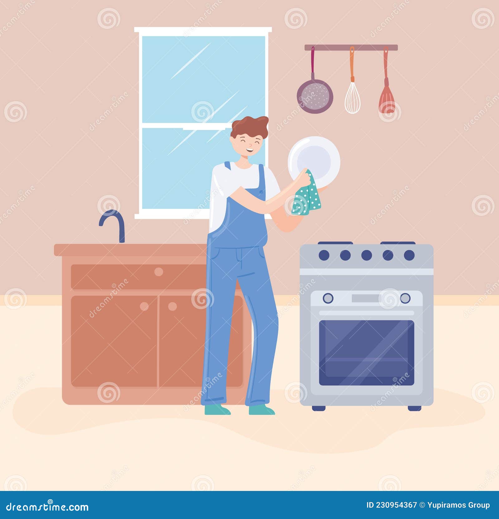 Man Cleaning in the Kitchen Stock Vector - Illustration of cloth, happy ...