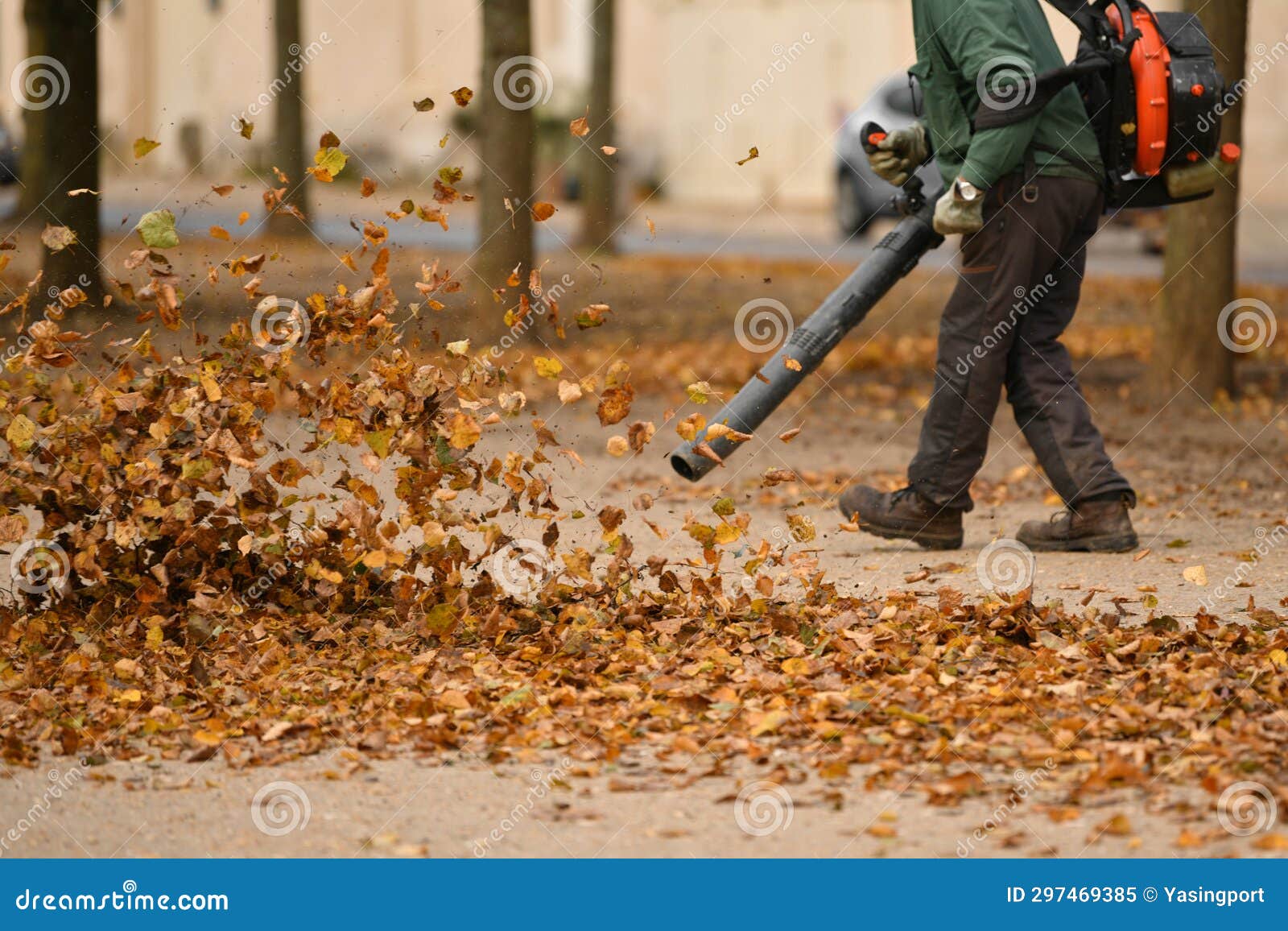 A Man Cleaning the Park with a Leaf Blower Stock Image - Image of ...
