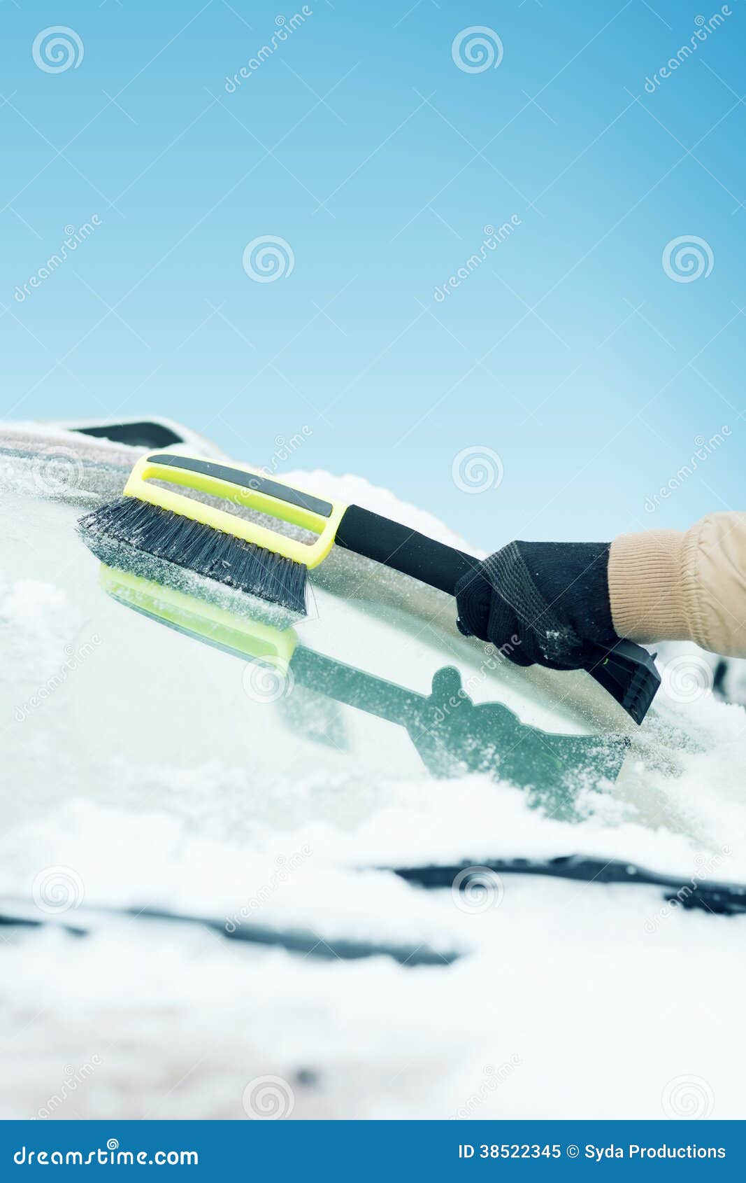 Man Cleaning Snow from Car Windshield with Brush Stock Image - Image of ...