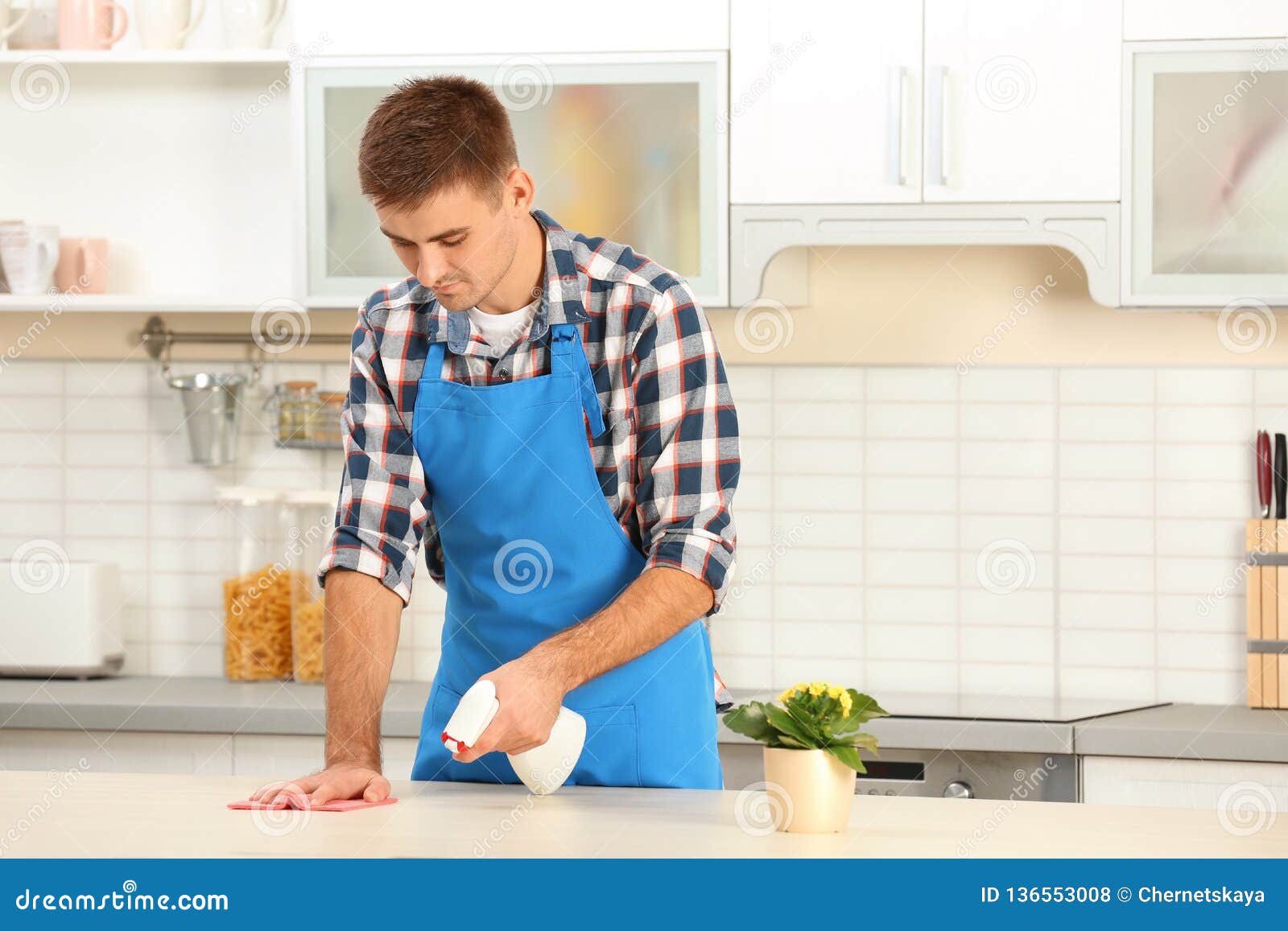Man Cleaning Table with Rag Stock Photo - Image of countertop, business ...