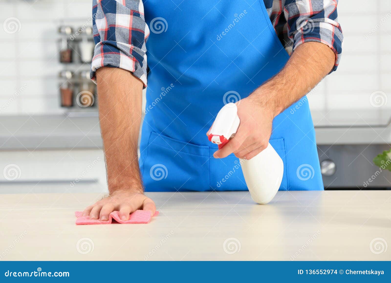Man Cleaning Table with Rag in Kitchen Stock Photo - Image of home ...