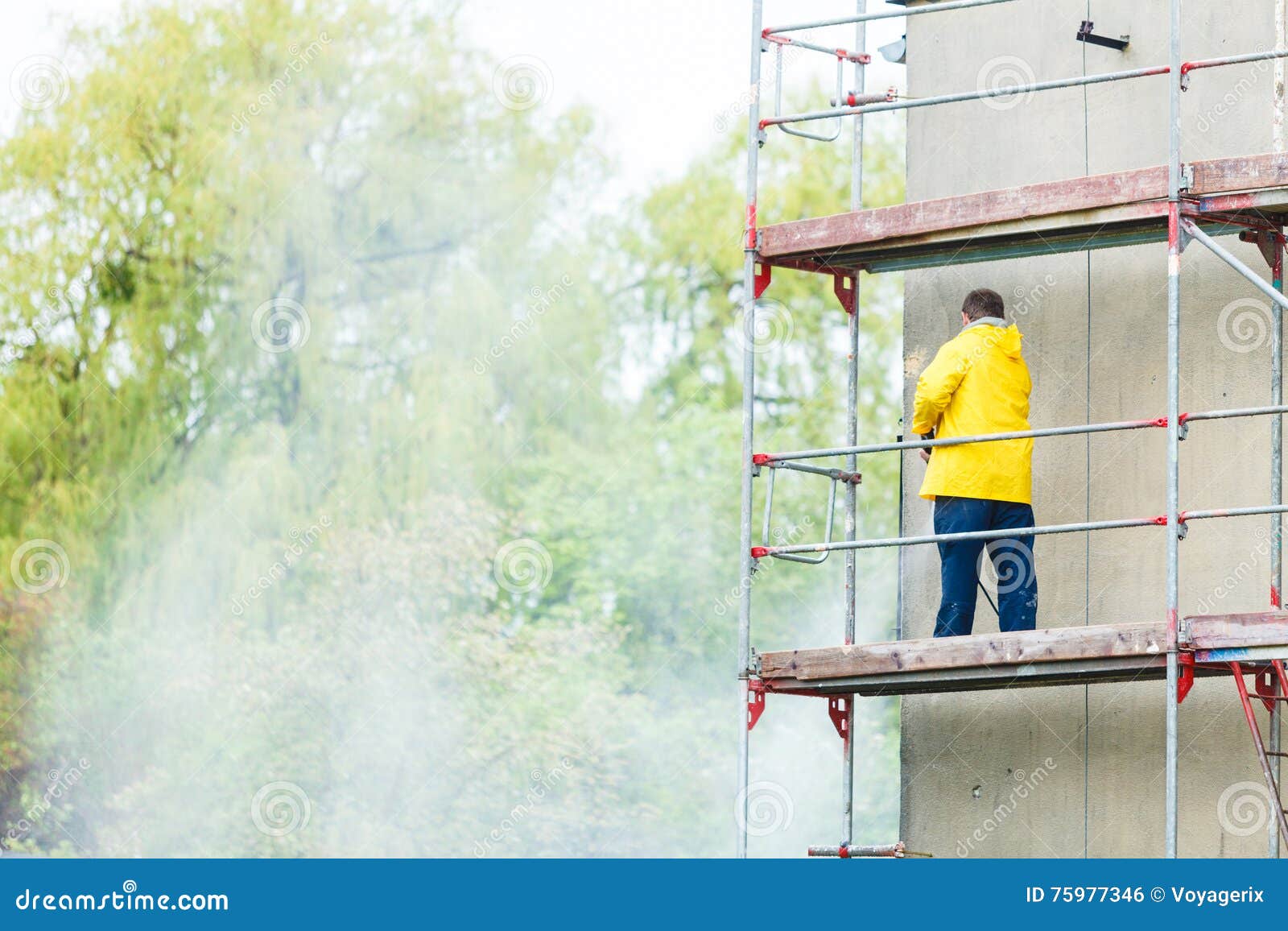 Man Cleaning Wall. Scaffolding Stock Photo - Image of builder, iron ...