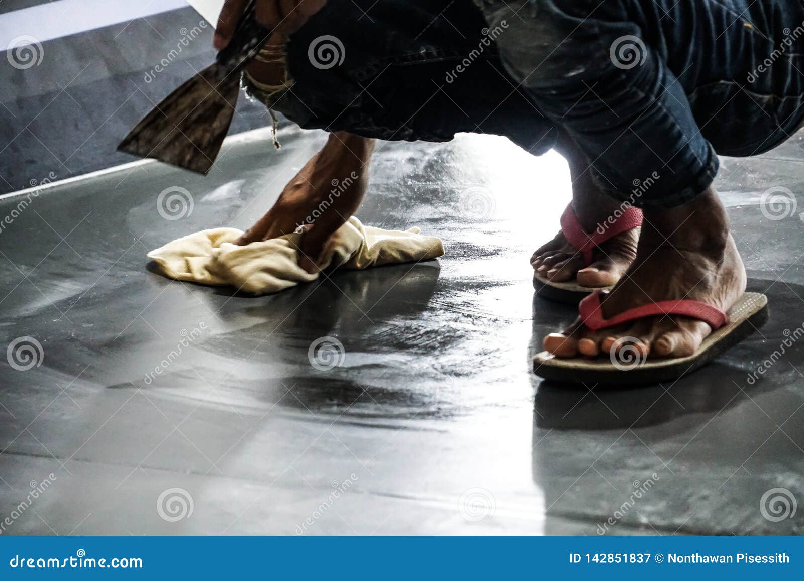 Man Cleaning Wet Floor at Construction Site Stock Image - Image of ...