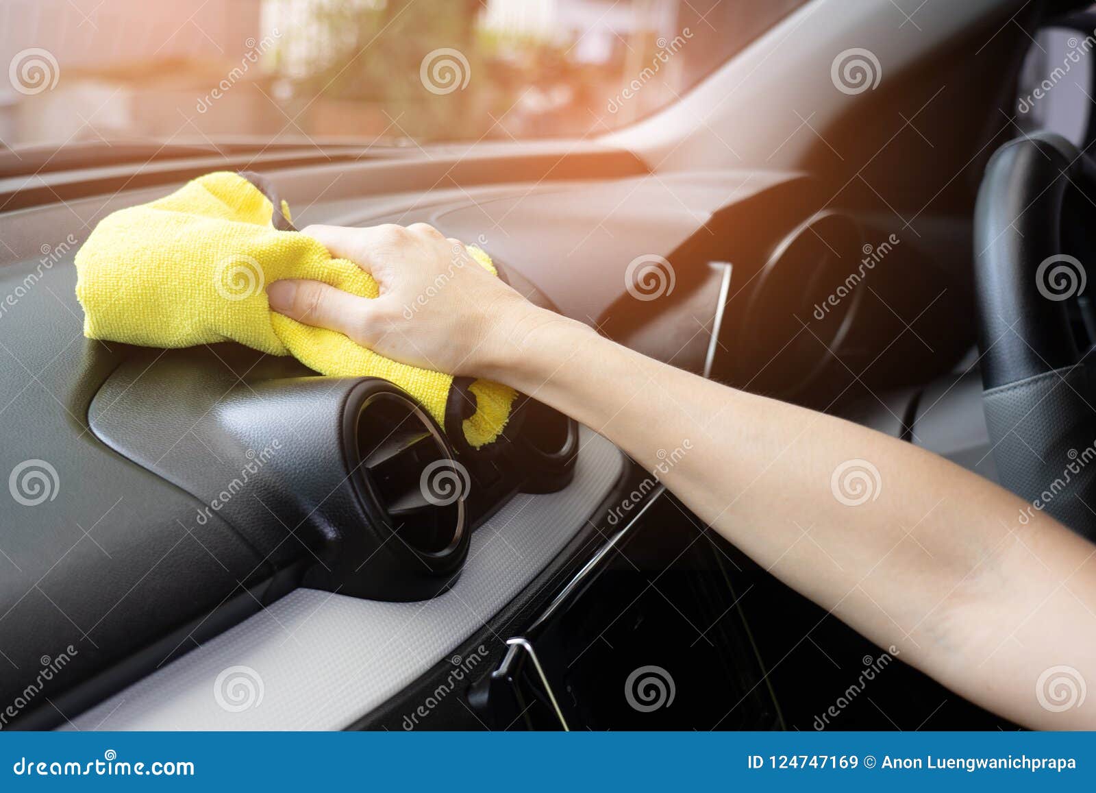 A Man Cleaning White Car with Yellow Microfiber Cloth. Stock Image ...