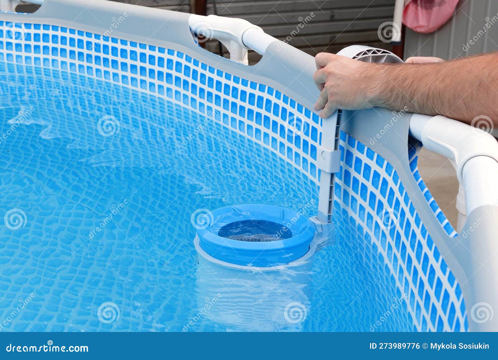 Man Cleans Skimmer for the Frame Pool. Contaminated Pool Cleaning ...