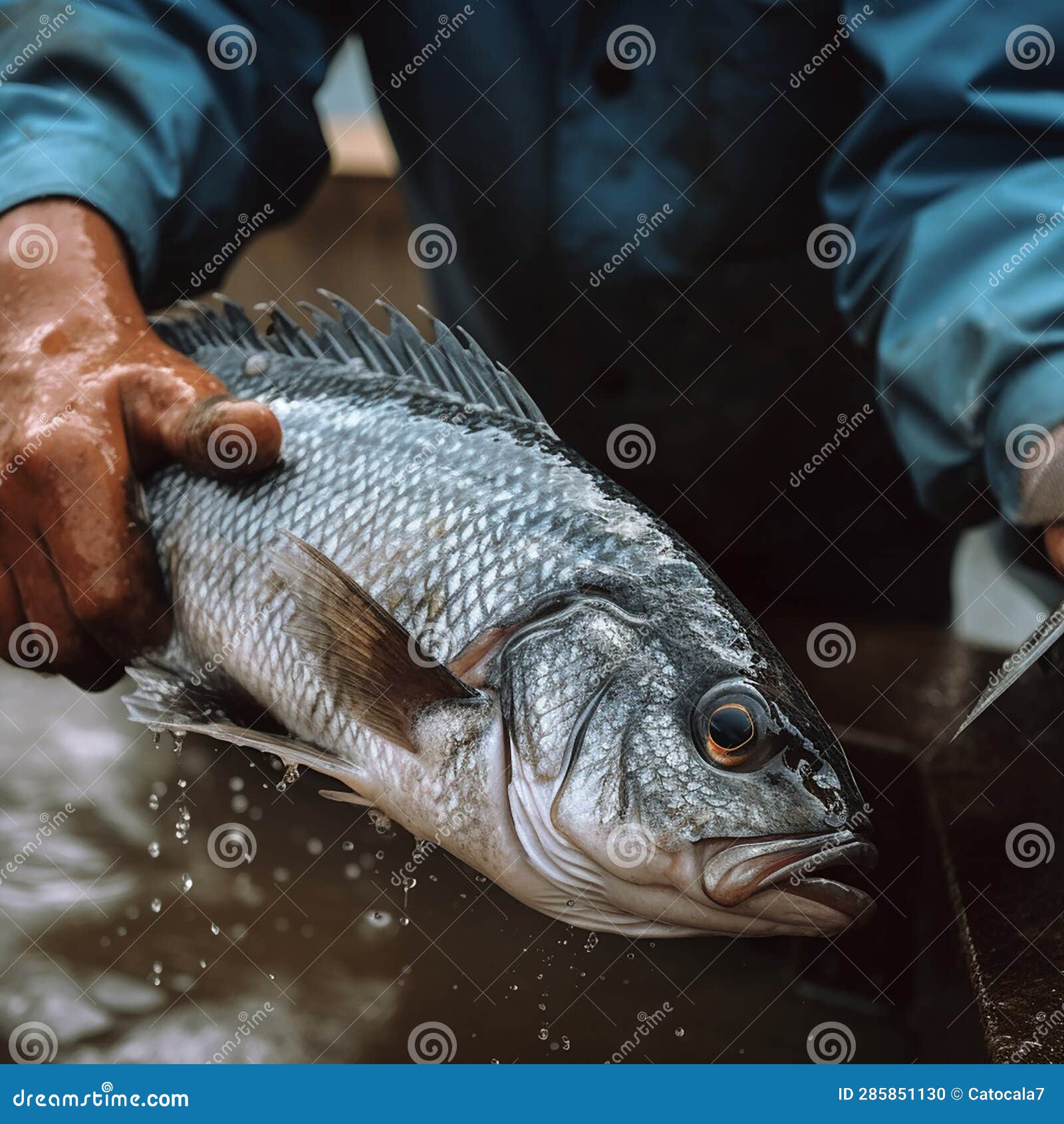 A Man Cleans and Washes the Fish, Close-up, Stock Illustration ...