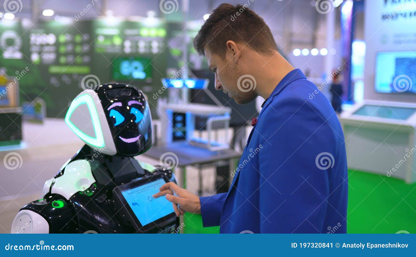 Man Clicking on Touch Screen Robot Learning Digital Data Base ...