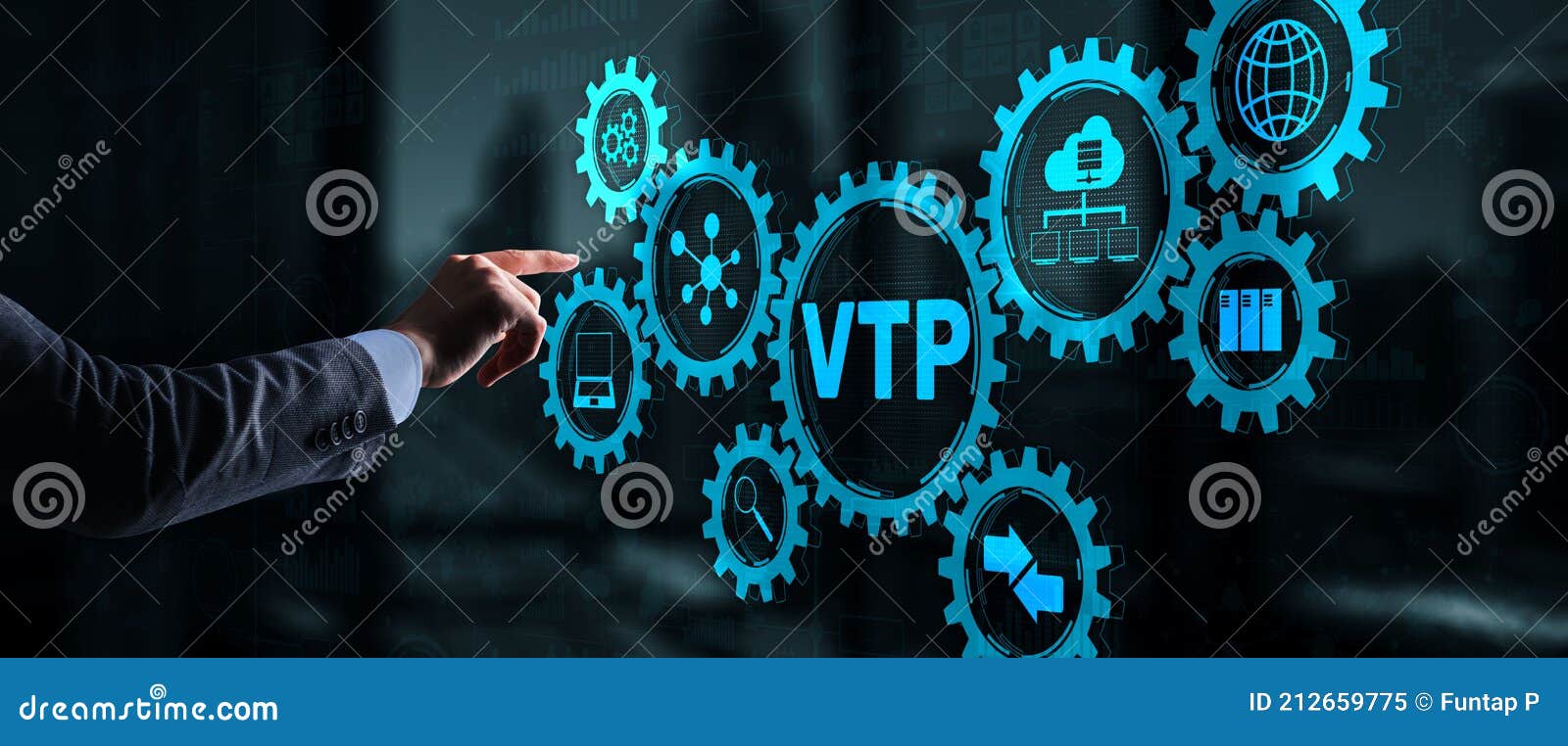 The Man Clicks on the Inscription VTP. VLAN Trunking Protocol Stock ...