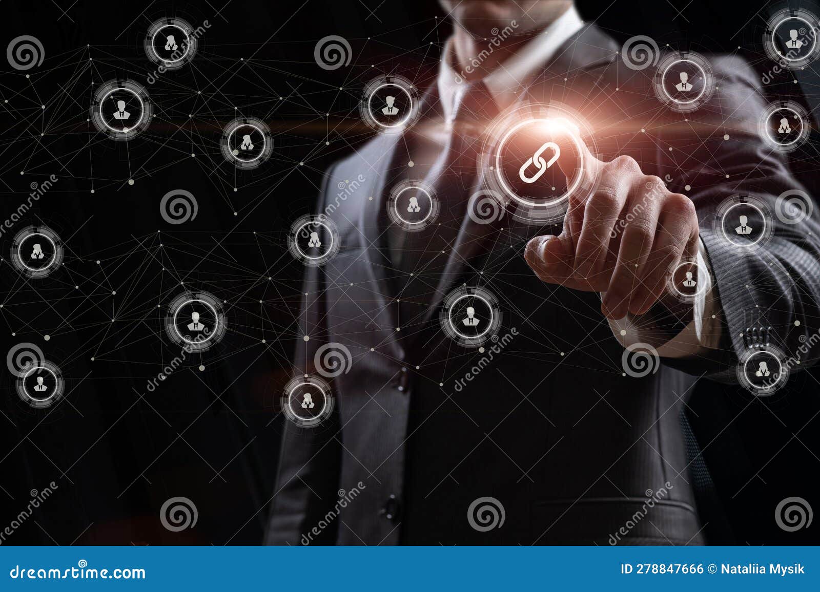 A Man Clicks the Link Icon in the Network Connecting Users Stock Photo ...