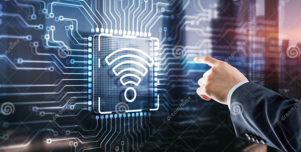 Man Clicks on the Logo Wireless Internet Connection Communication ...