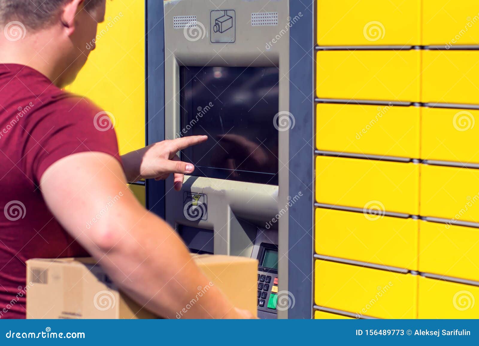 Man Client Using Automated Self-service Post Terminal Machine or Locker ...