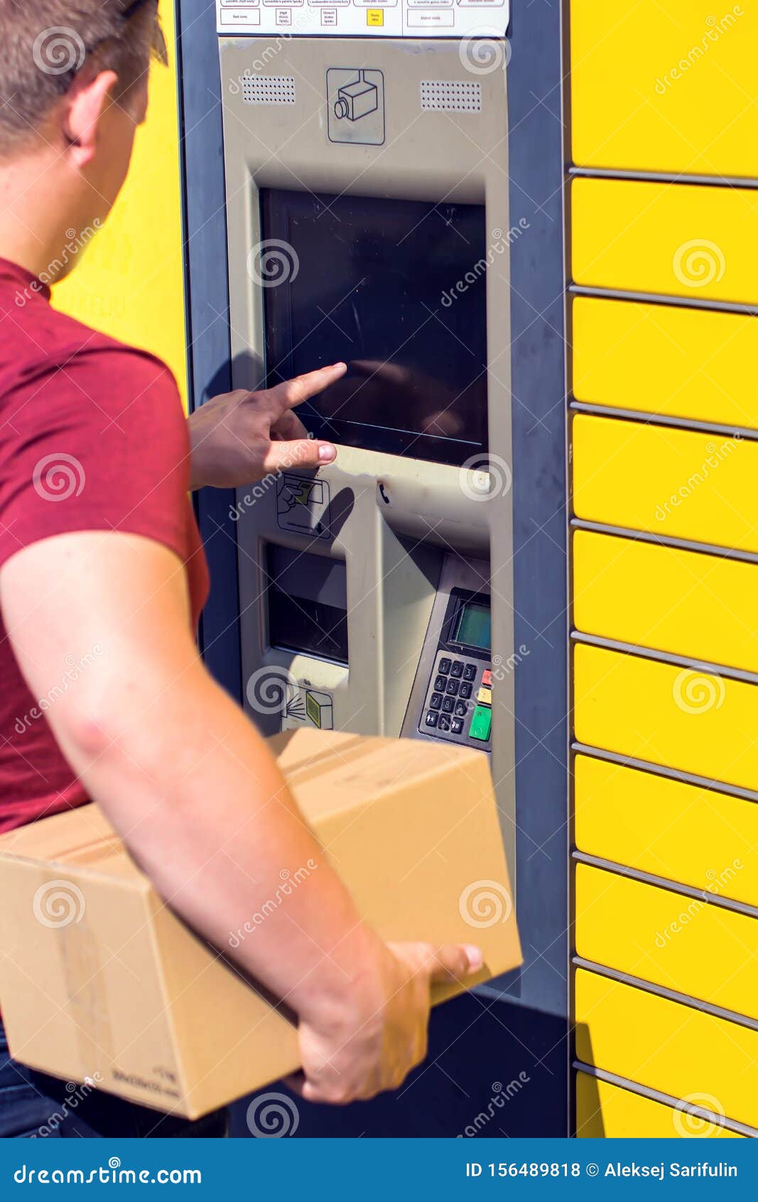 Man Client Using Automated Self-service Post Terminal Machine or Locker ...
