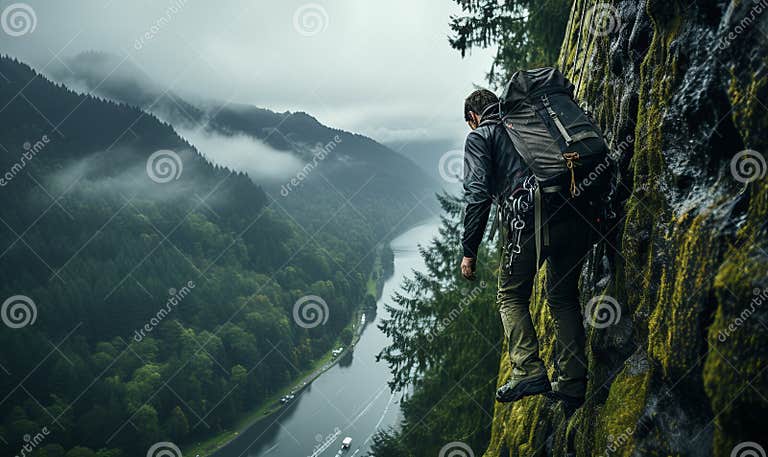 Man Climbing Cliff Face stock image. Image of nature - 319221815