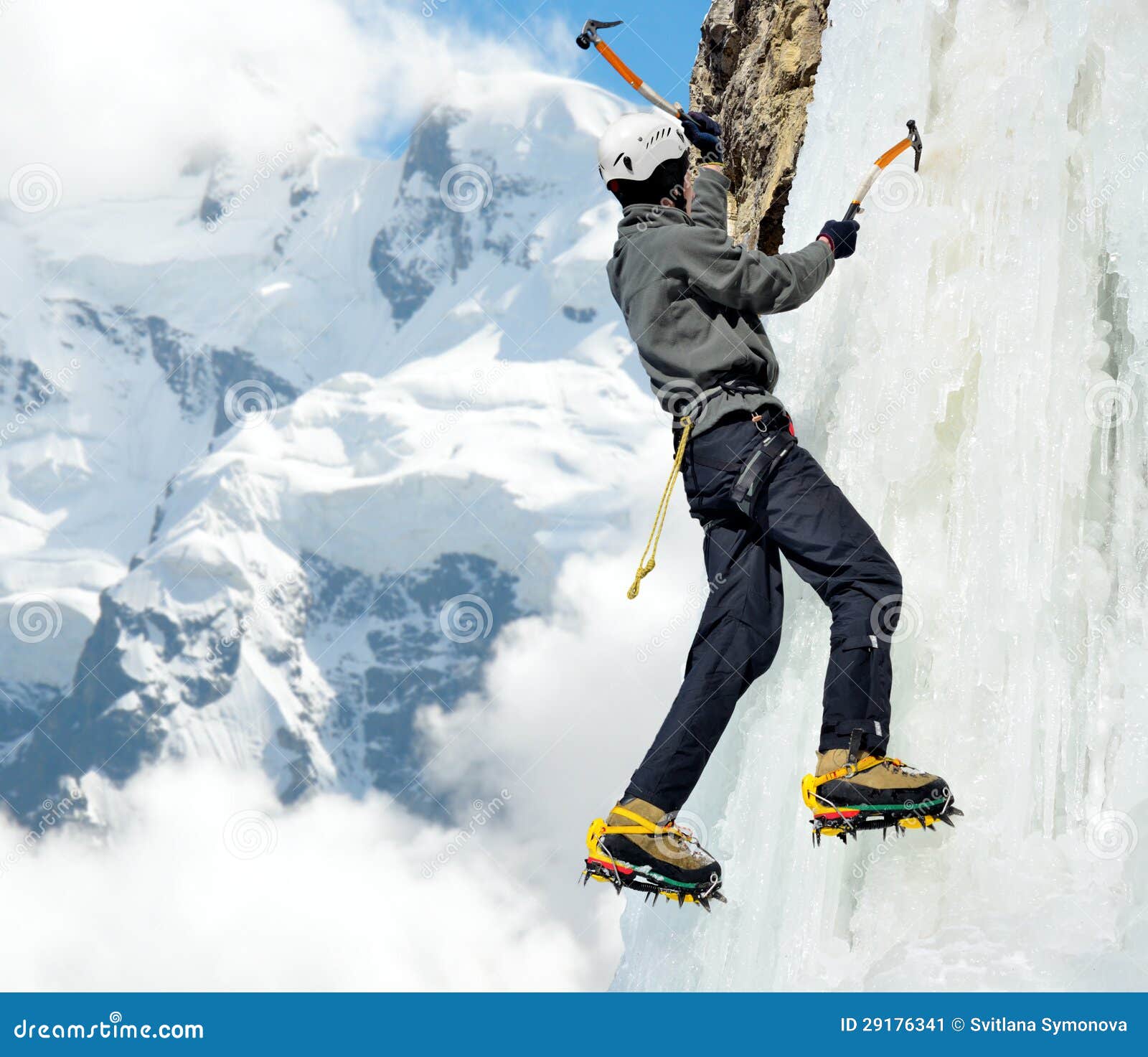 Man Climbing on Icefall in Winter Mountains Stock Image - Image of ...